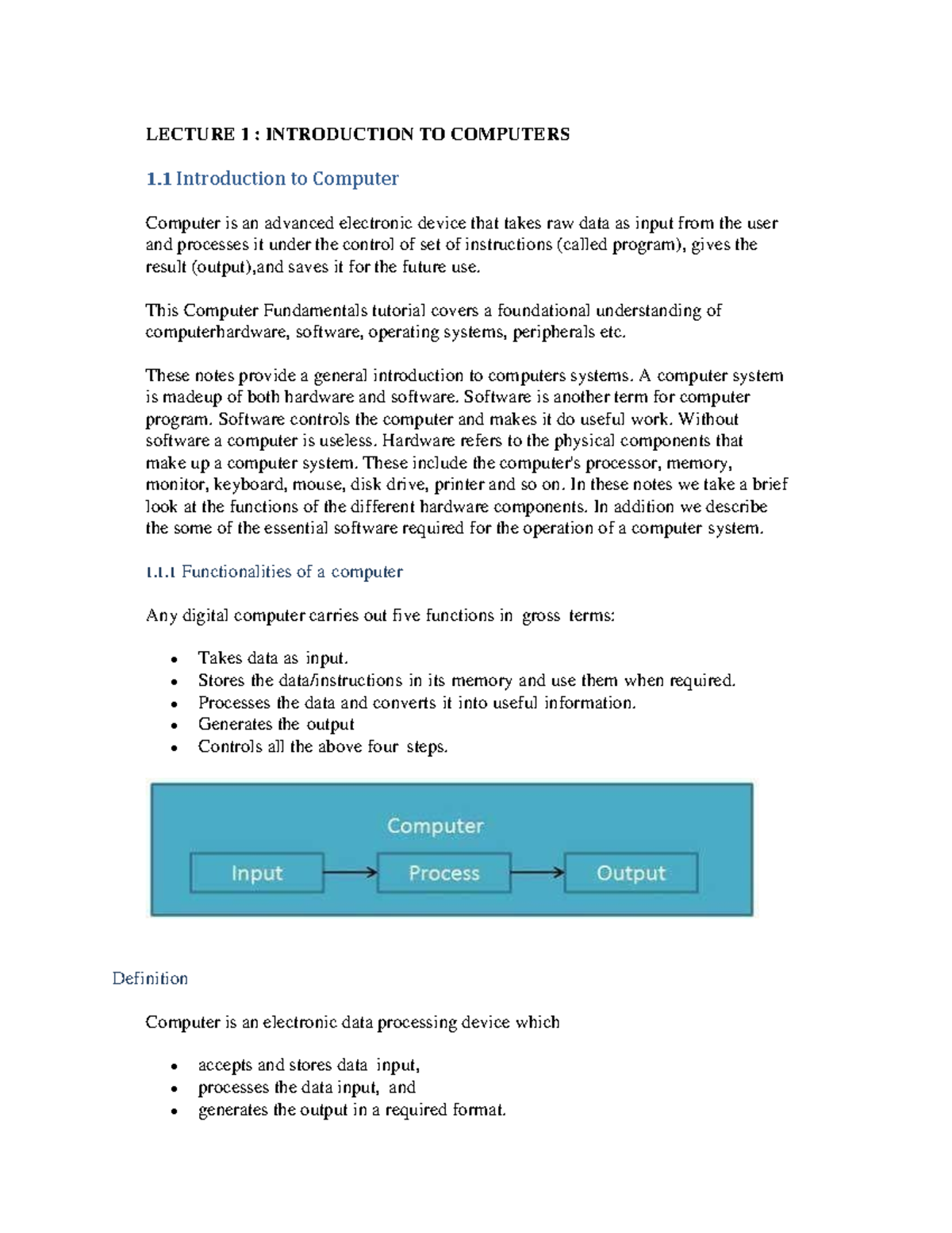 Computer Applications - LECTURE 1 : INTRODUCTION TO COMPUTERS 1 Introduction to Computer ...
