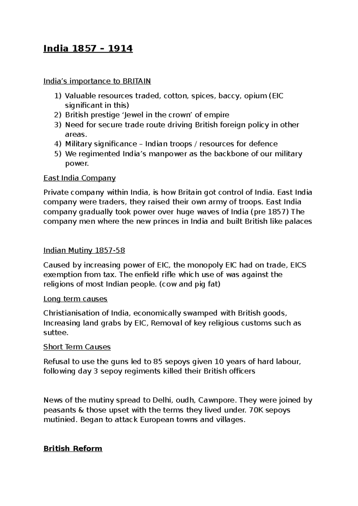 India 1857-1914 Summary - India 1857 – 1914 India’s importance to ...