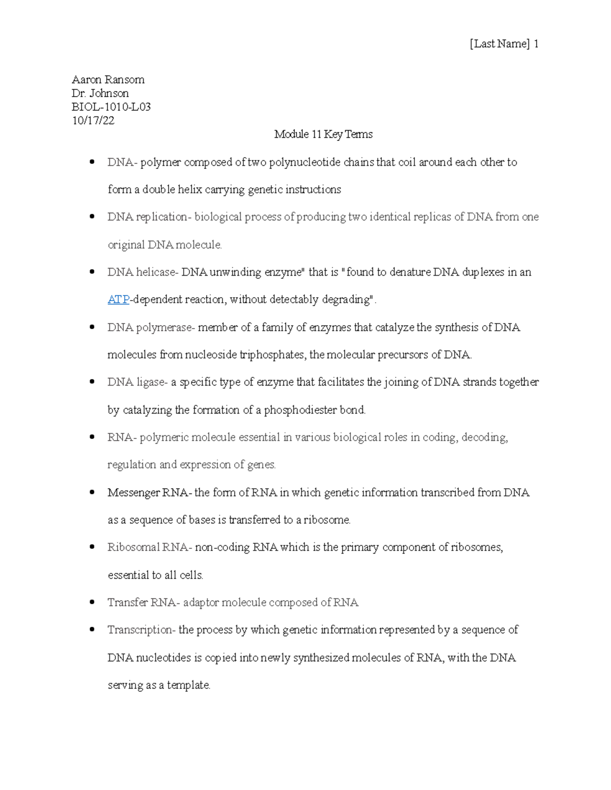 module 11 Key terms - [Last Name] 1 Aaron Ransom Dr. Johnson BIOL-1010 ...