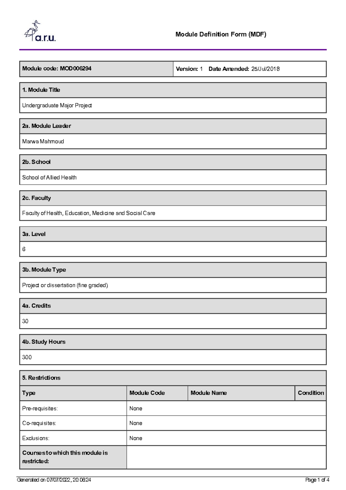 UMP - learning outcomes - Module Definition Form (MDF) Module code ...