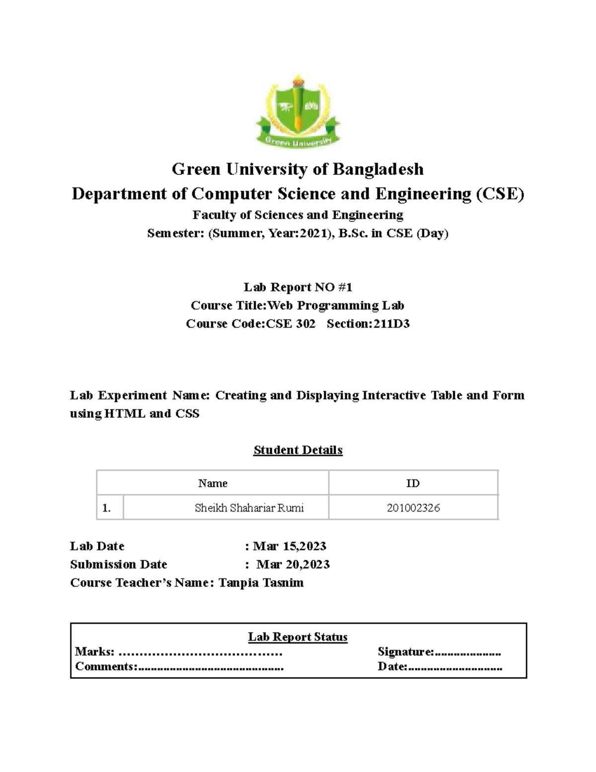 WP Lab Report 1 - Green University of Bangladesh Department of Computer ...