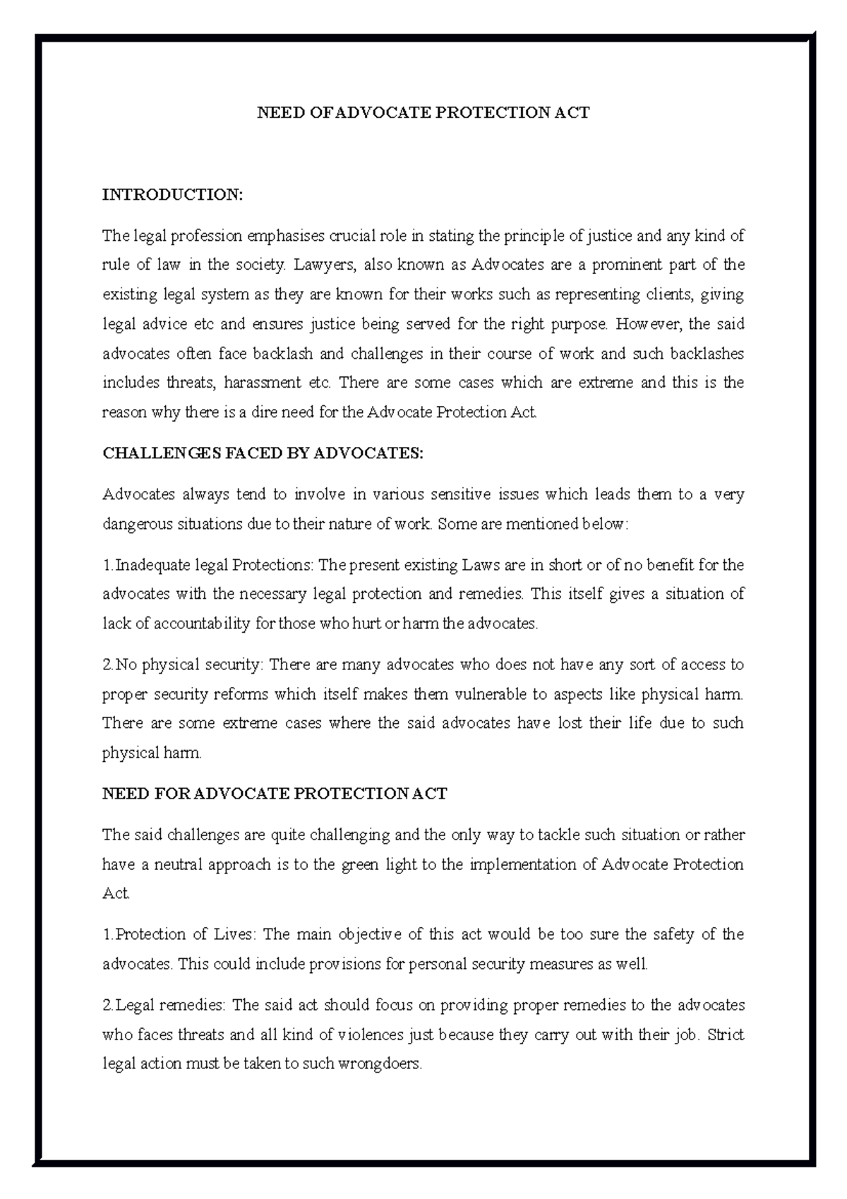 NEED OF Advocate Protection ACT - NEED OF ADVOCATE PROTECTION ACT ...