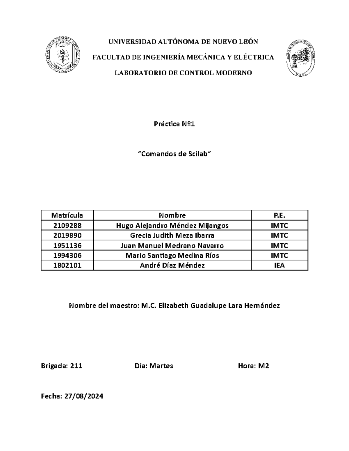 LAB CM P1 EQ3 211 A24 - PRACTICA #1 LAB DE CONTROL MODERNO - Práctica Nº 1 “Comandos de Scilab ...