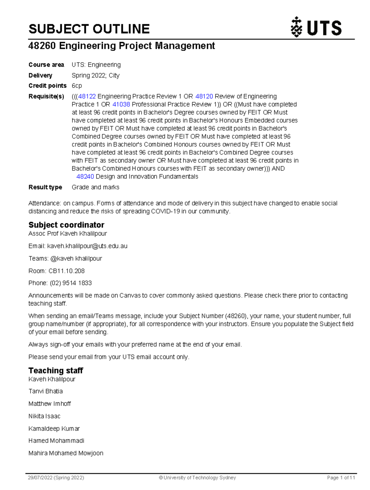 Engineering Project Management course outline Spring 2022 - SUBJECT ...