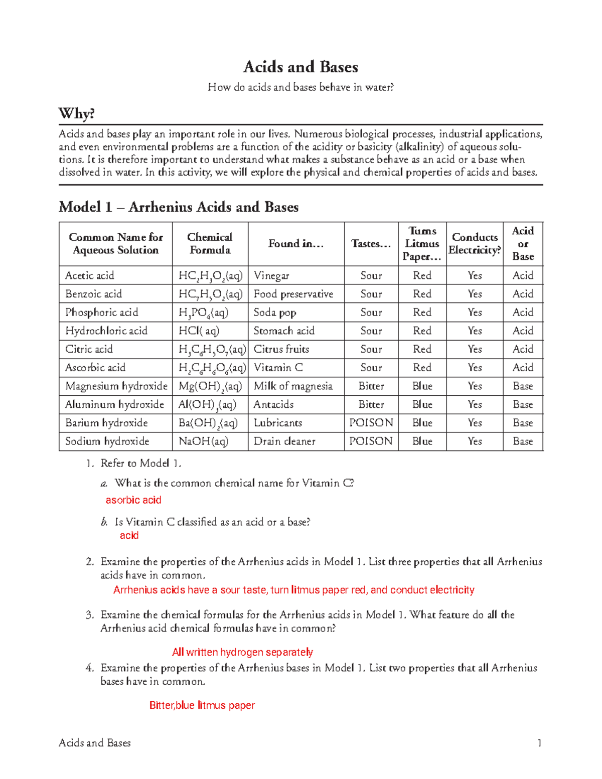 Ismeala Ocran - pogil Acids and Bases-S - Acids and Bases 1 Acids and ...