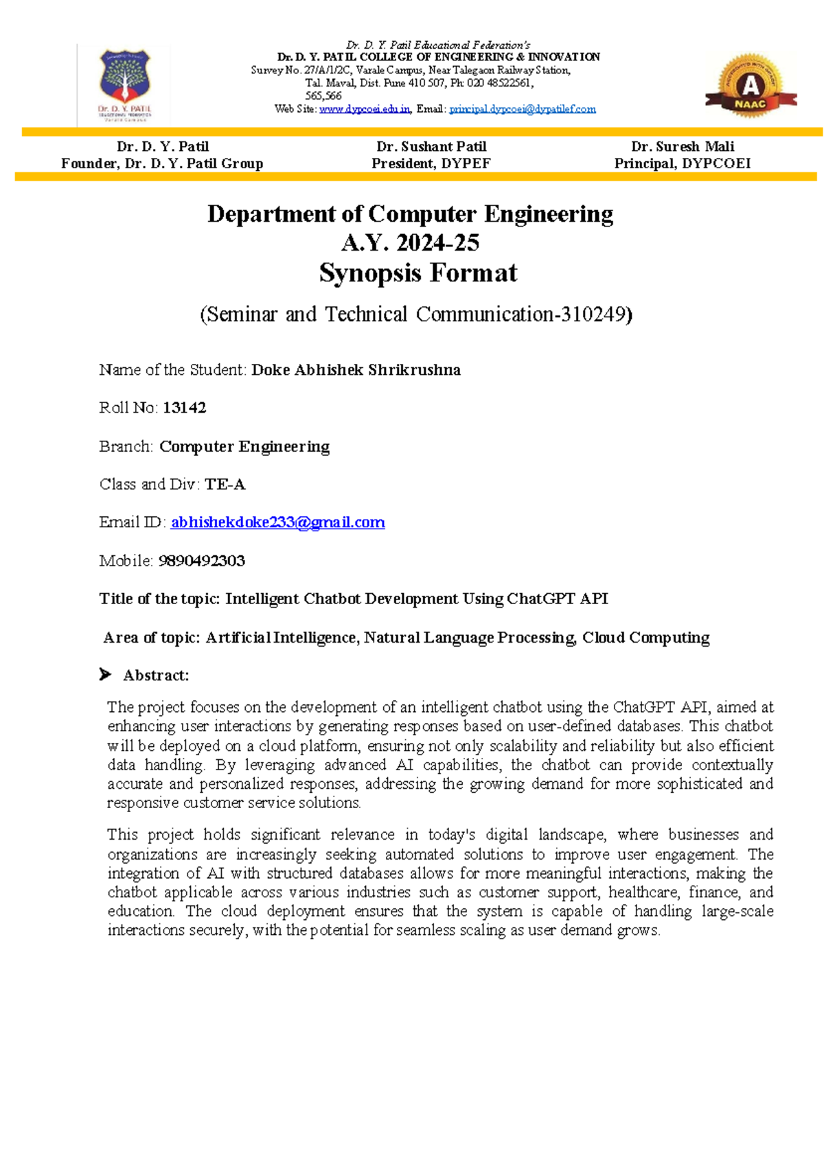 TE Semianr Synopsis - Dr. D. Y. Patil Educational Federation’s Dr. D. Y ...