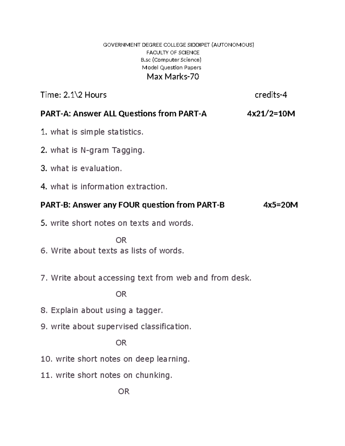 NLP - Natural processing language question papers sets - GOVERNMENT ...