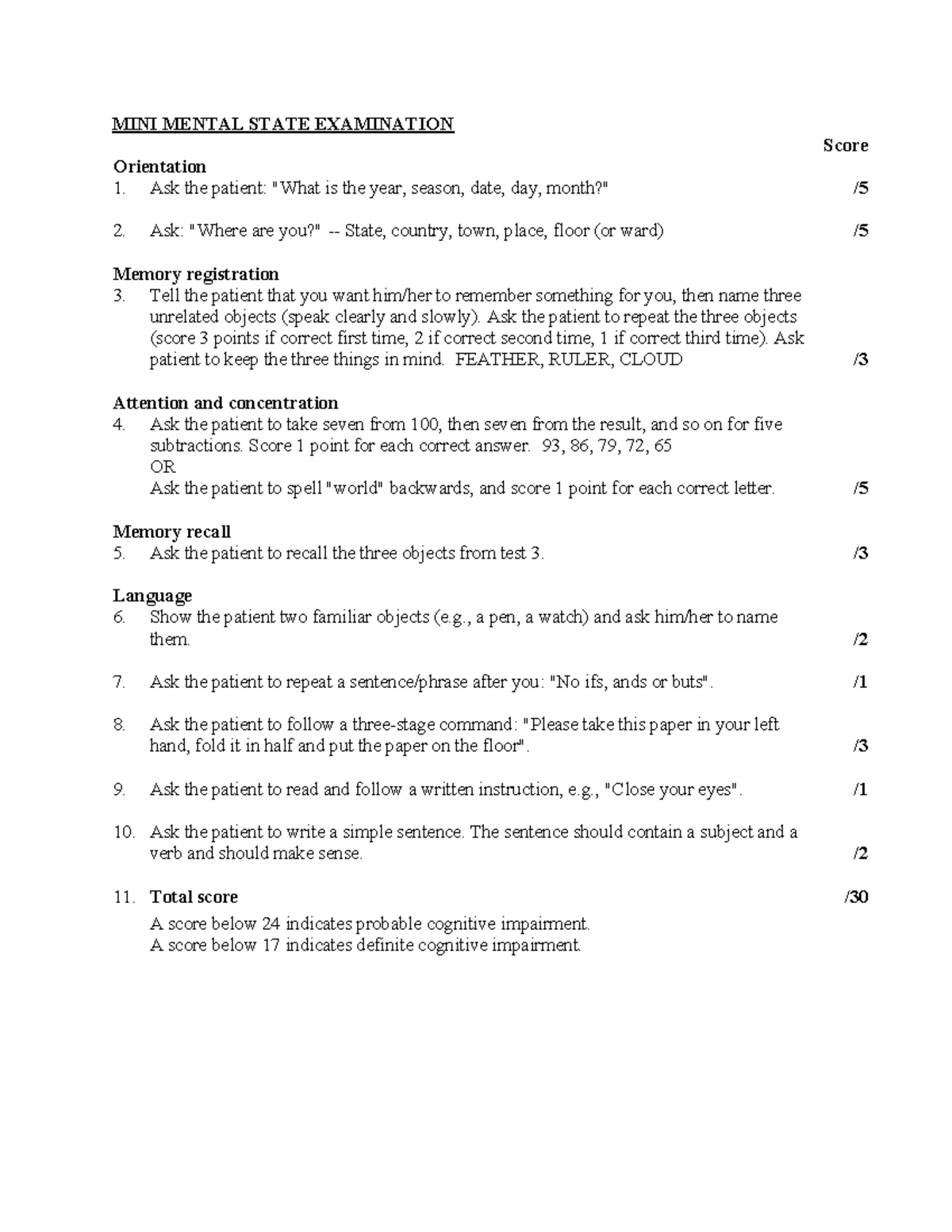 MINI Mental State Exam form - MINI MENTAL STATE EXAMINATION Score ...