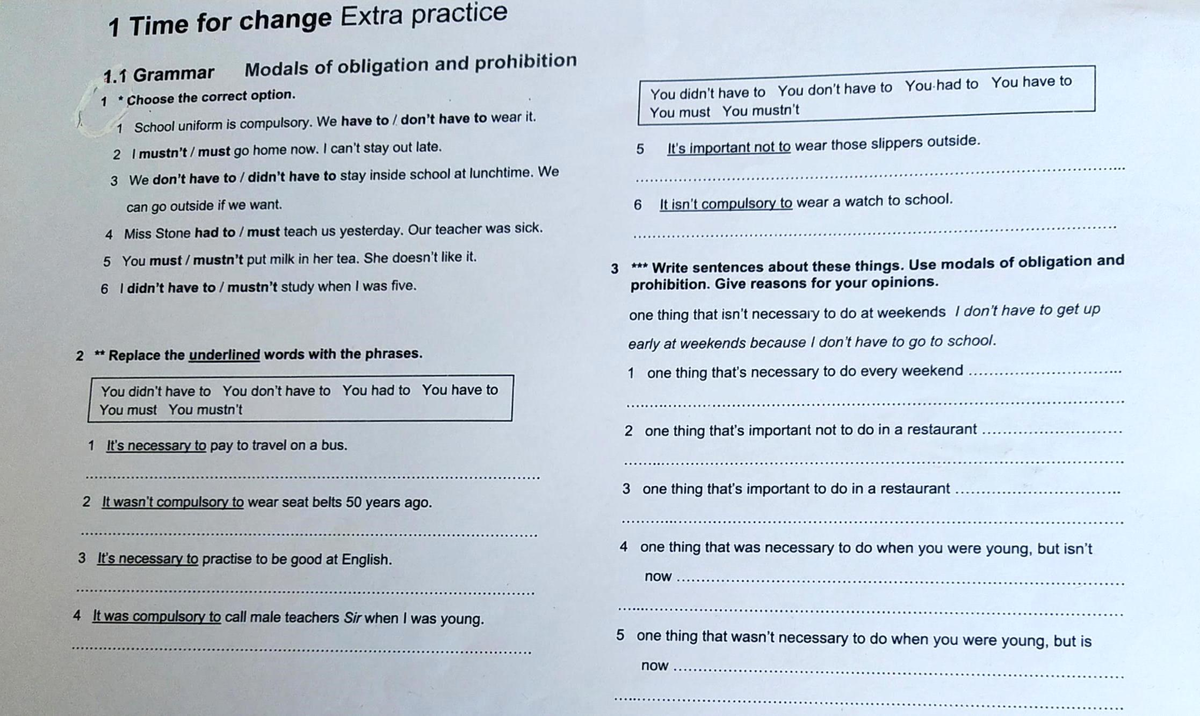 Ejercicios verbos obligación I - 1 Time for change Extra practice 1 Grammar Modals of obligation ...
