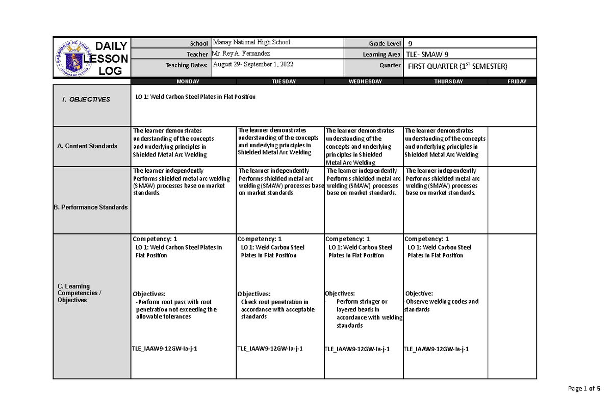 Smaw-9-week2 - 2022 - DAILY LESSON LOG School Manay National High School Grade Level 9 Teacher ...