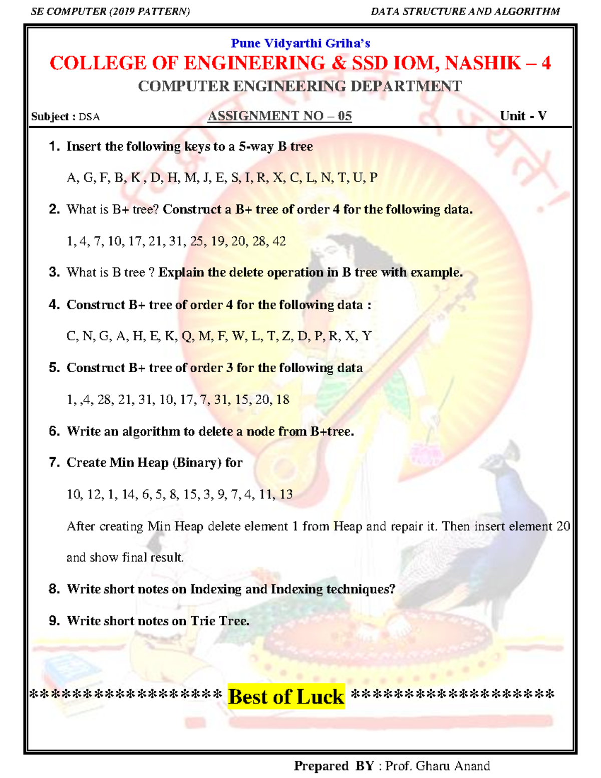 Dsa assignment 5 2022 - yes - SE COMPUTER (2019 PATTERN) DATA STRUCTURE AND ALGORITHM Prepared ...