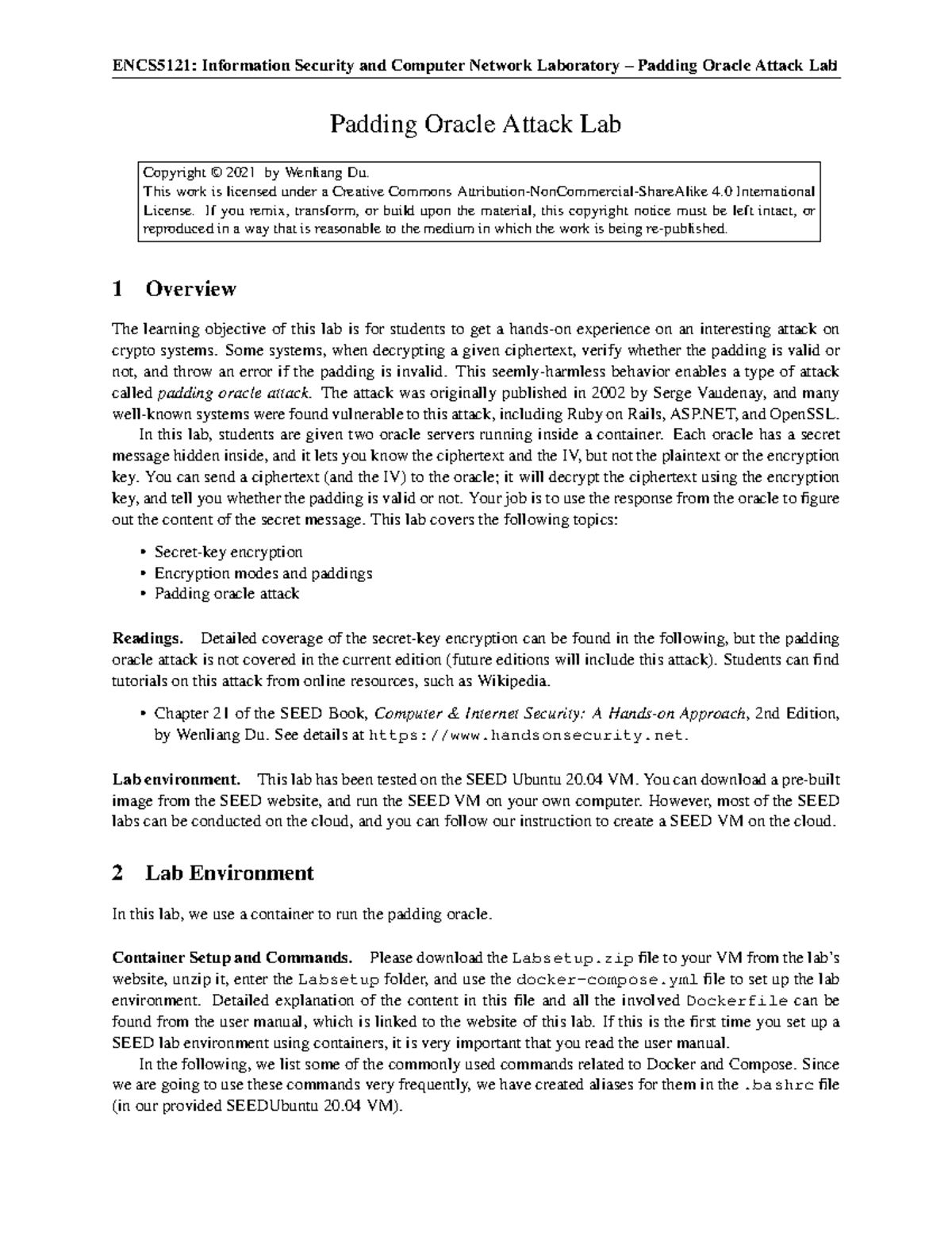Exp3 Padding Oracle Attack Padding Oracle Attack Lab Copyright © 2021 By Wenliang Du This 