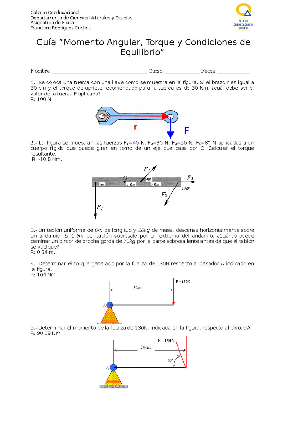 Guia 4 Momento Angular, Torque y Condiciones de Equilibrio ...