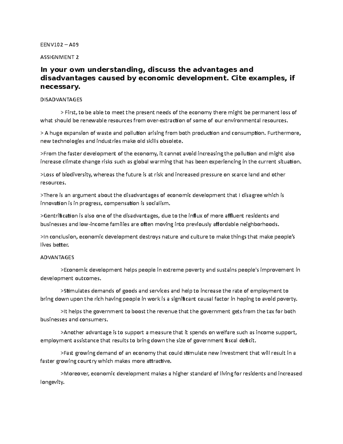 Assignment 2 - advantages and disadvantages of economic development ...