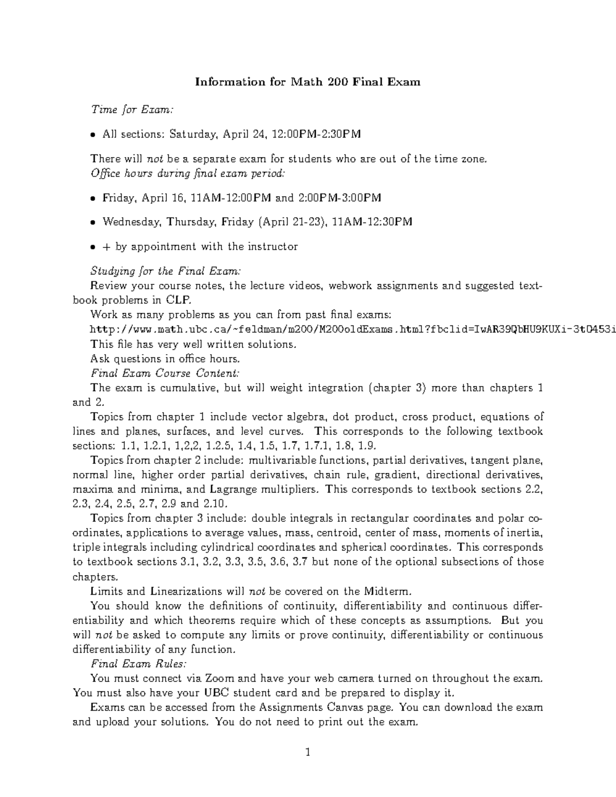 Math200 Fianl Info 2021 - Information for Math 200 Final Exam Time for ...