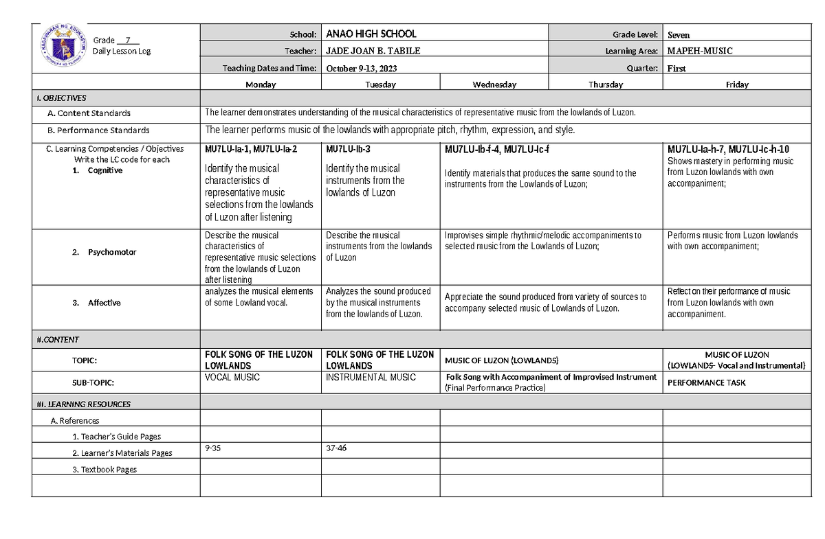 Lesson Plan in Music Grade 7 week 1 % 2 - Grade 7 Daily Lesson Log ...