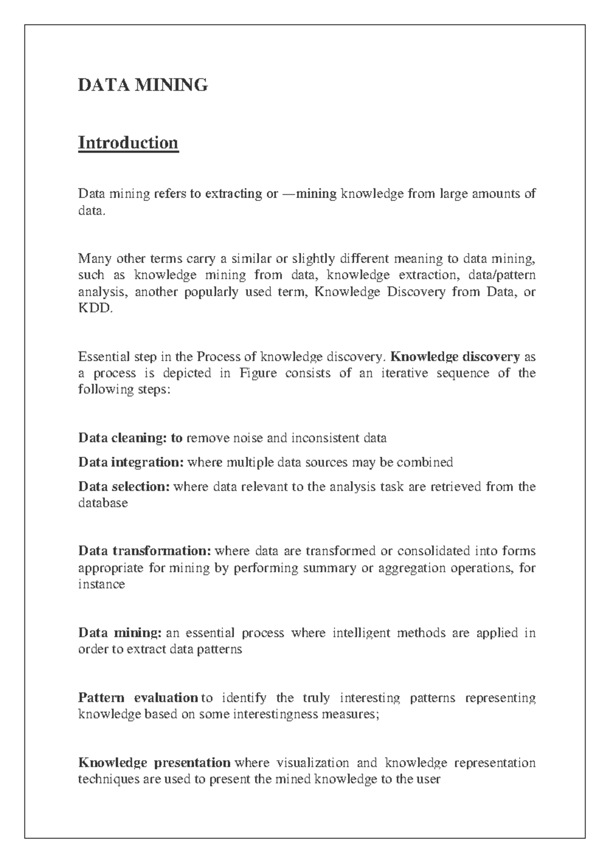 Unit 1 Good Notes Data Mining Introduction Data Mining Refers To Extracting Or ―mining