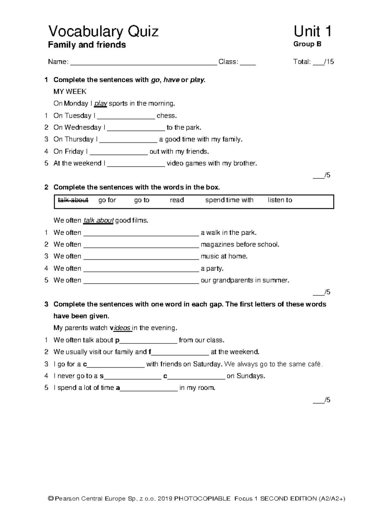 Focus 1 2E Vocabulary Quiz Unit1 Group B - Vocabulary Quiz Unit 1 ...