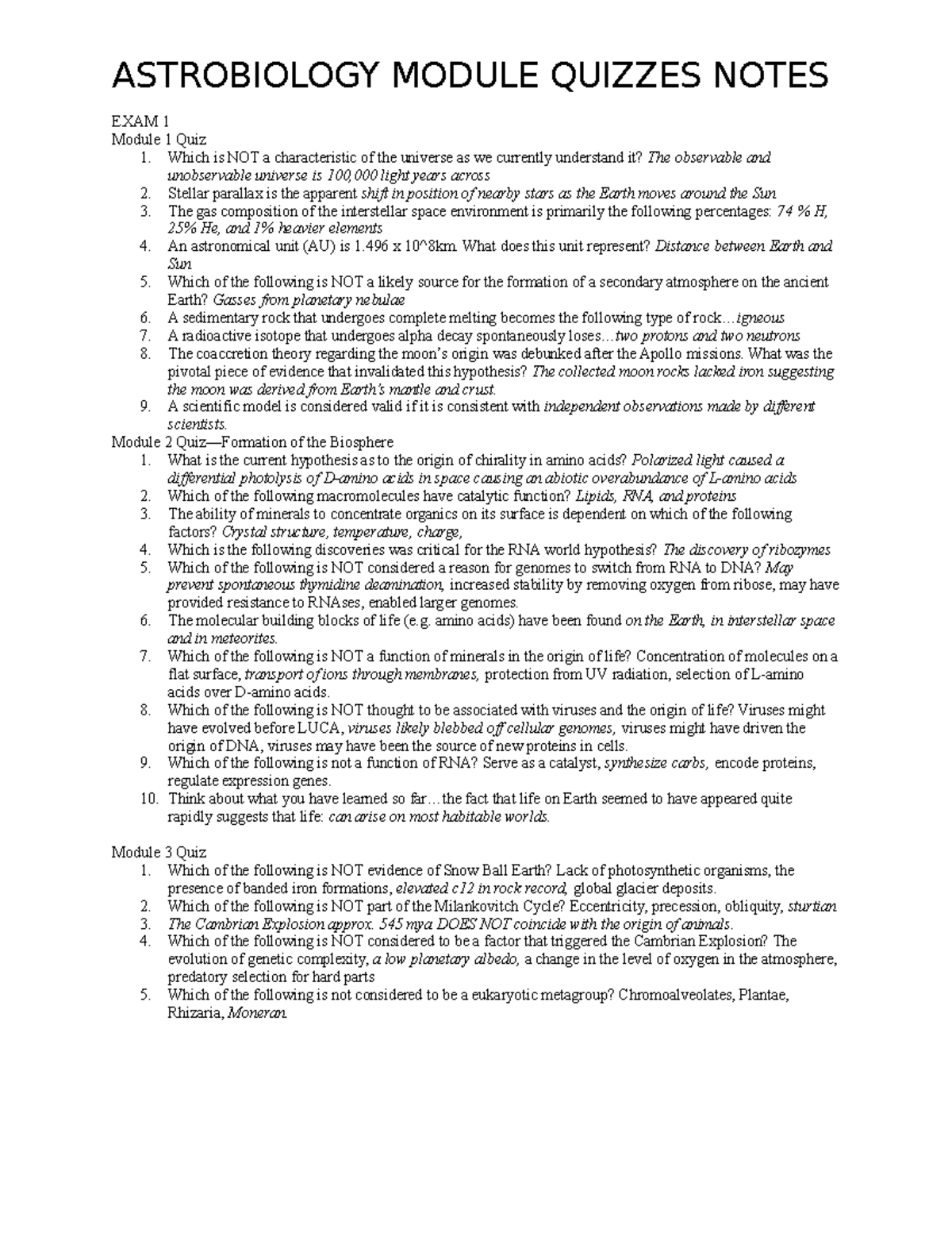 Astrobiology Module Quizzes - ASTROBIOLOGY MODULE QUIZZES NOTES EXAM 1 ...