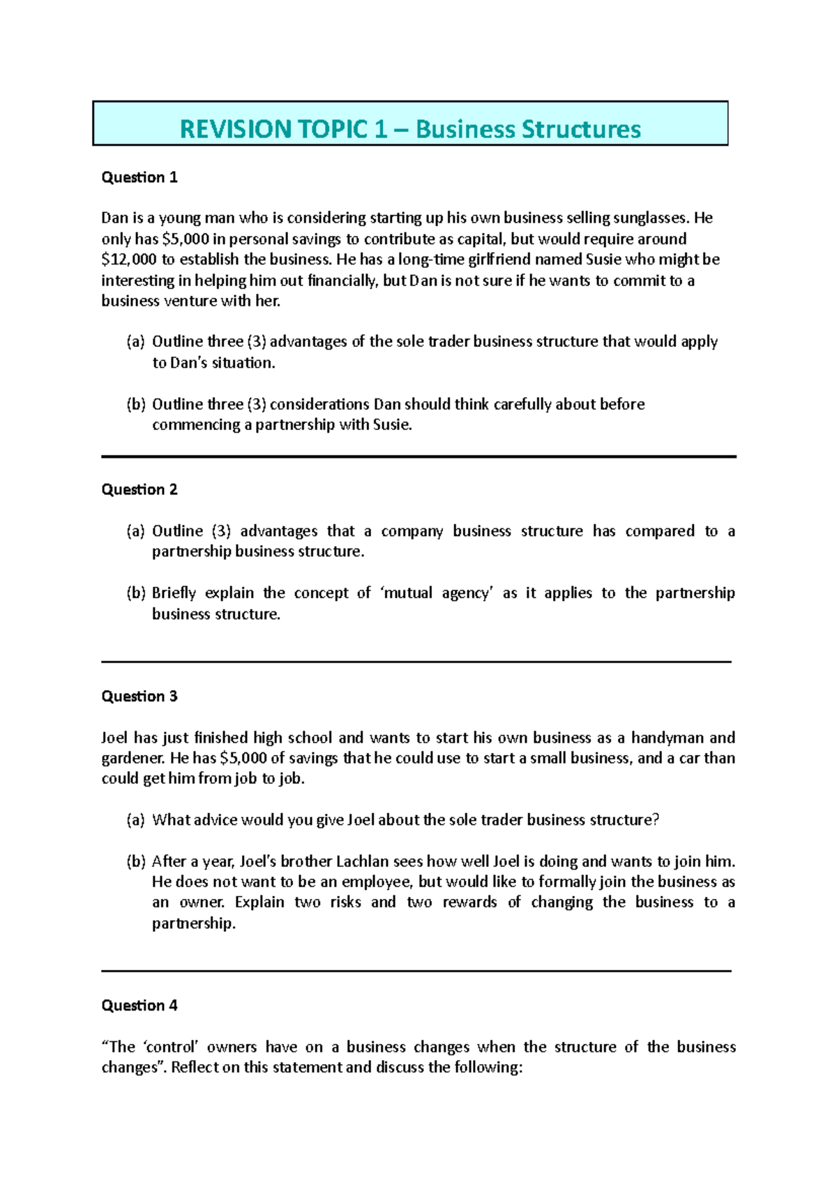 Topic 1 - Business Structures - REVISION TOPIC 1 – Business Structures ...