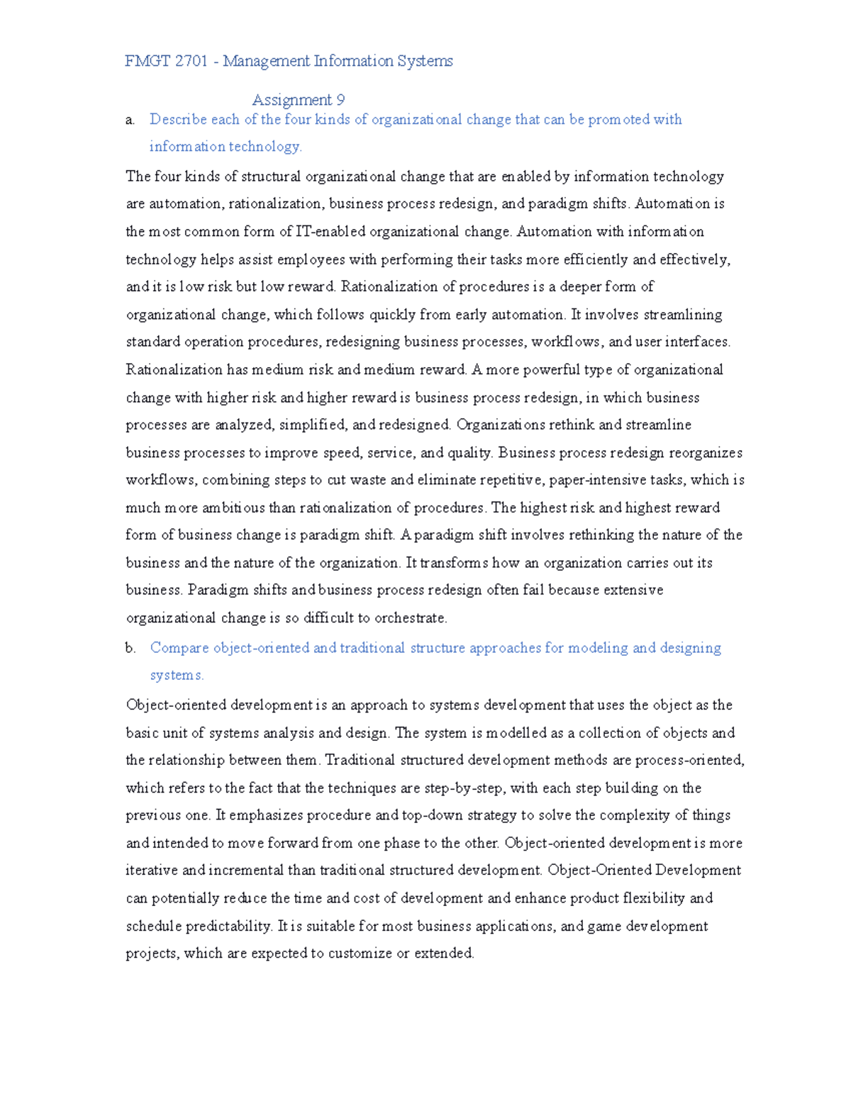 FMGT 2701 - Assignment 9 - Copy - FMGT 2701 - Management Information ...