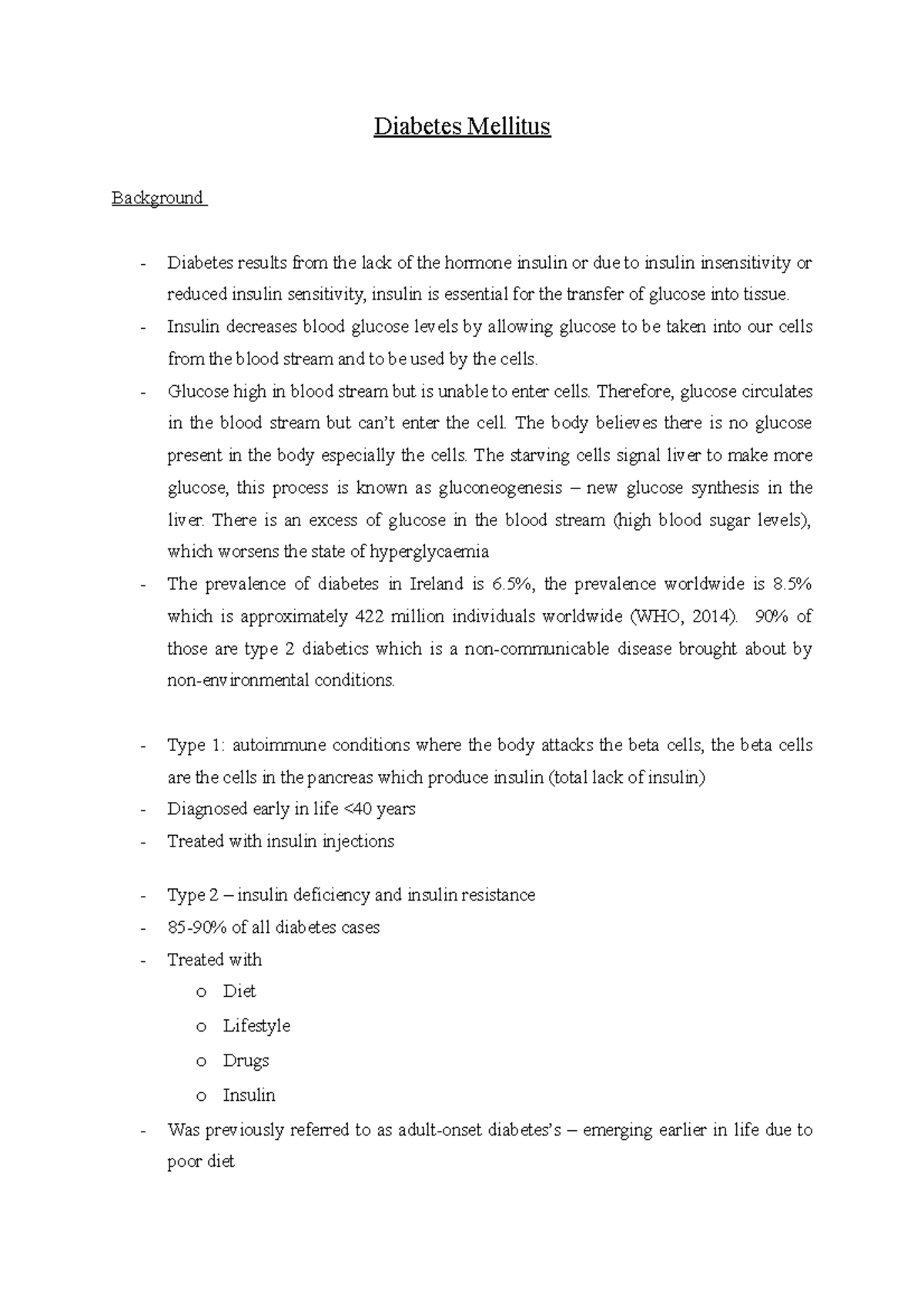 Diabetes - Lecture notes 13,14 - Diabetes Mellitus Background Diabetes ...