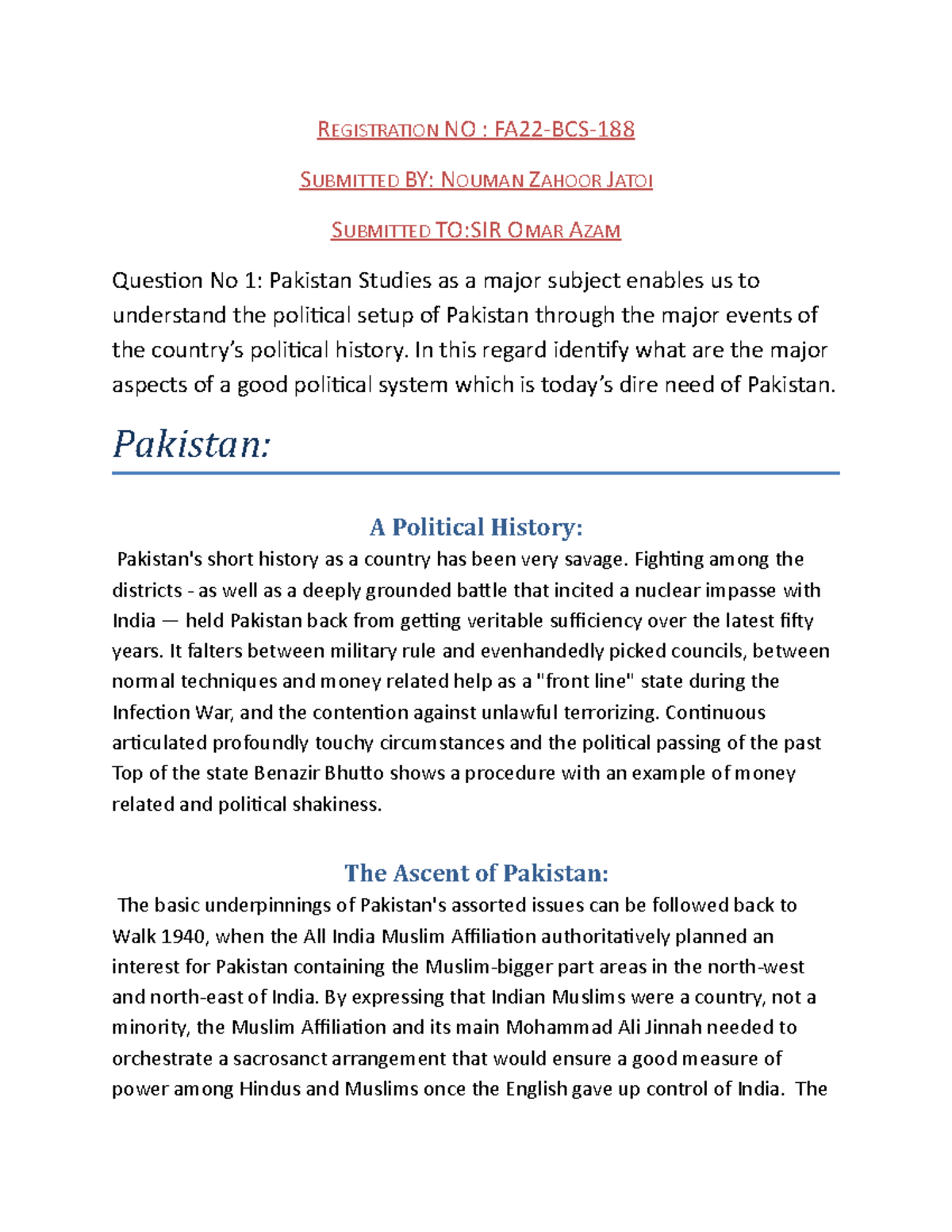 Pak Study Assignment - REGISTRATION NO : FA22-BCS- SUBMITTED BY: NOUMAN ...