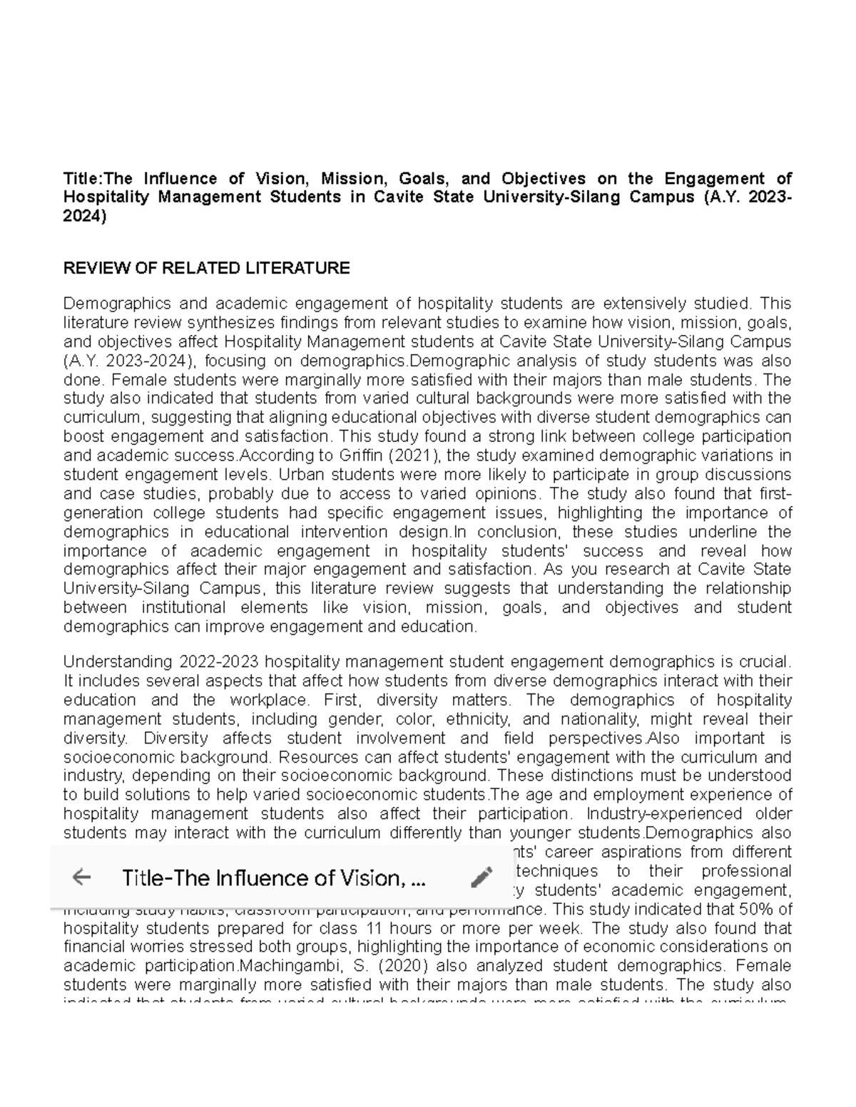 Title-The Influence of Vision, Mission, Goals, and Objectives on the Engagement - 2023- 2024 ...