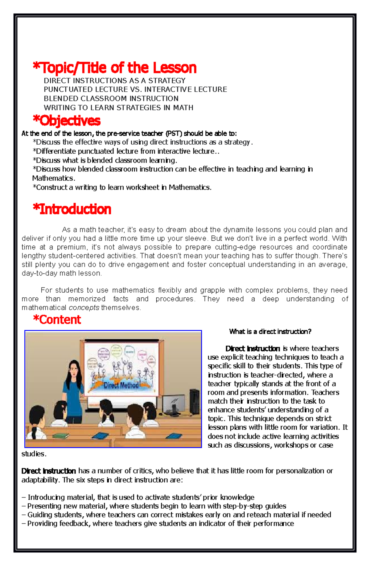 Module 6- ( Direct, Blended, Writing TO Learn ) Instruction - *Topic ...