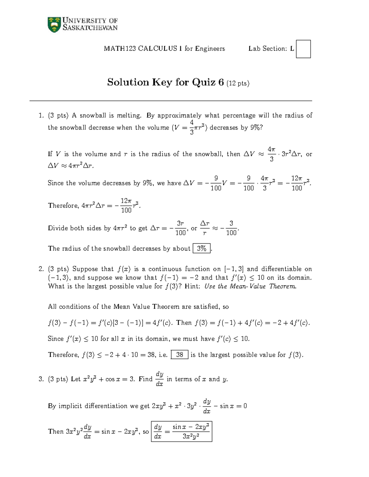 Exam October 2015, Questions And Answers - Quiz 6 - MATH123 CALCULUS I for Engineers Lab Section ...