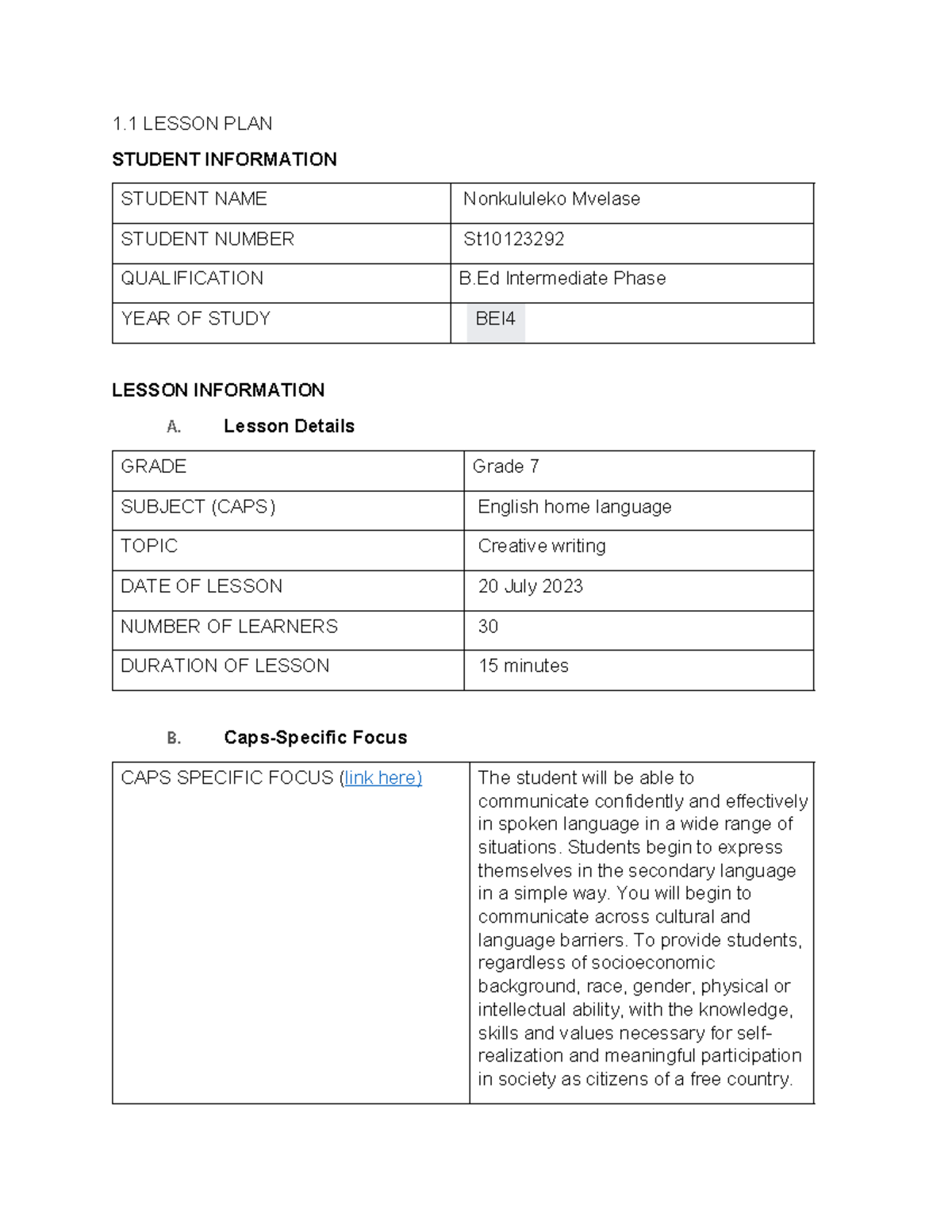 Lesson PLAN - Online Micro Teaching - 1 LESSON PLAN STUDENT INFORMATION ...