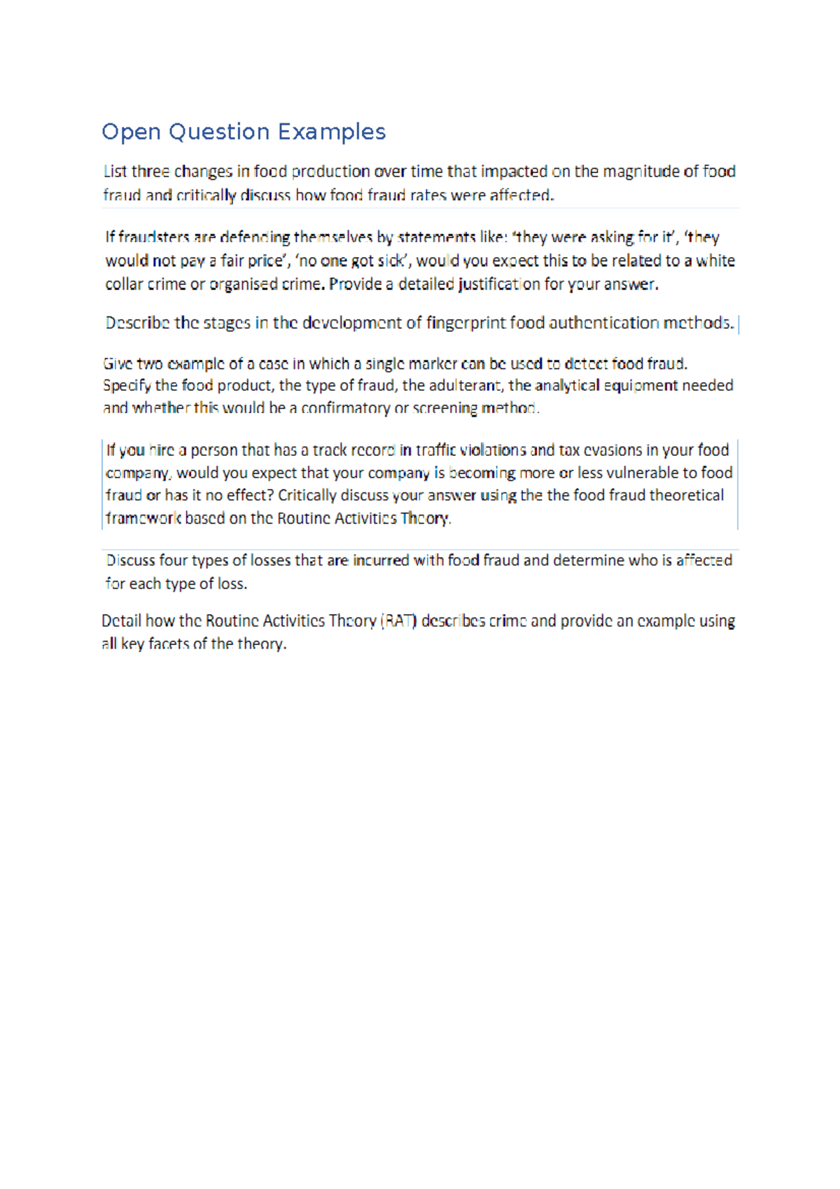 Open Question Examples - Food Fraud and Mitigation - Studeersnel