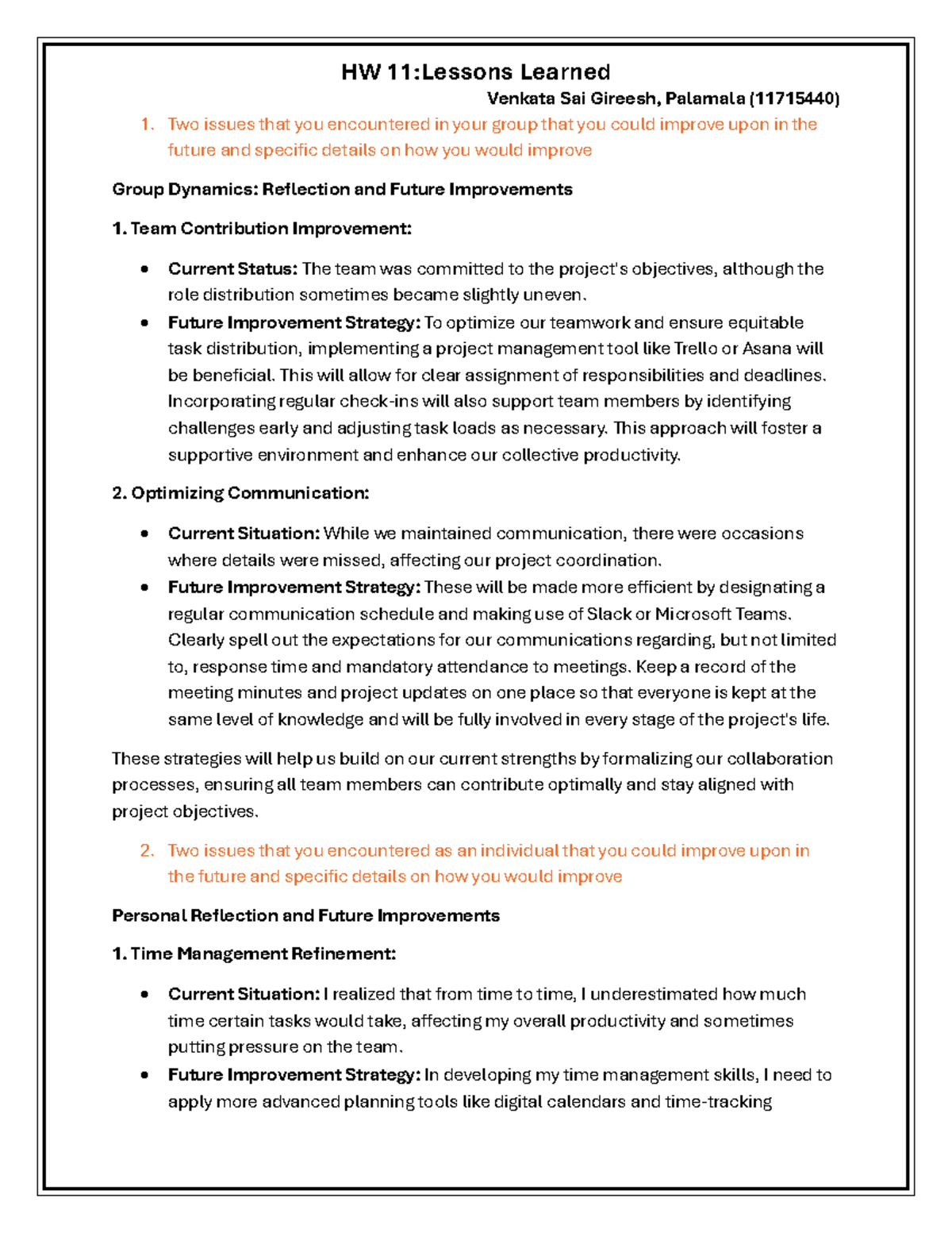 HW 11- Venkata Sai GIreesh, Palamala - HW 11:Lessons Learned Venkata Sai Gireesh, Palamala - Studocu