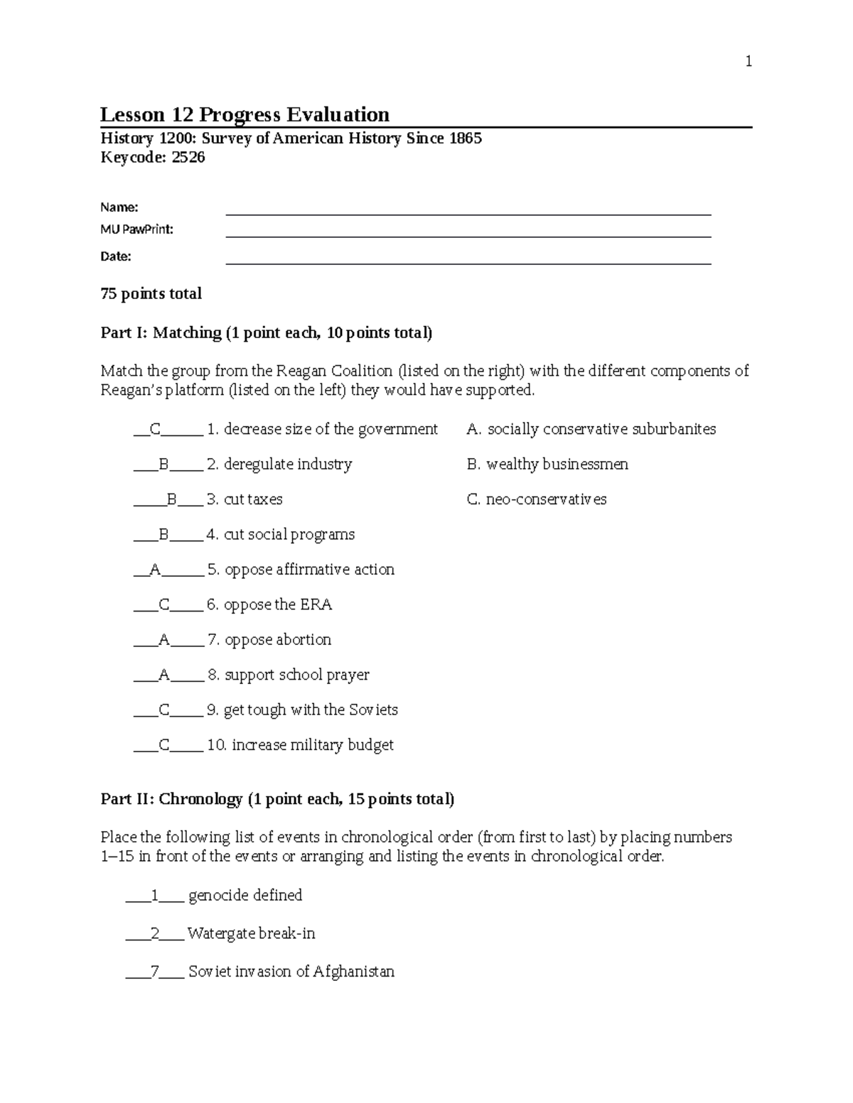 History Assignment 6 - Lesson 12 Progress Evaluation History 1200 ...