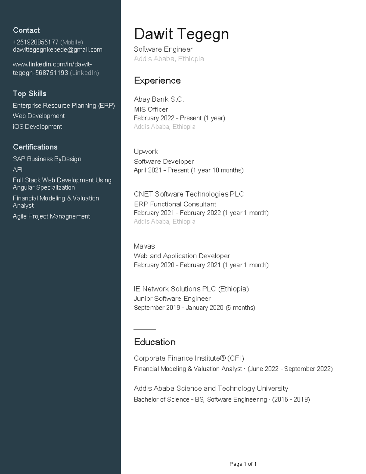 Dawit CV - ............................. - Contact +251920855177 (Mobile) dawittegegnkebede ...