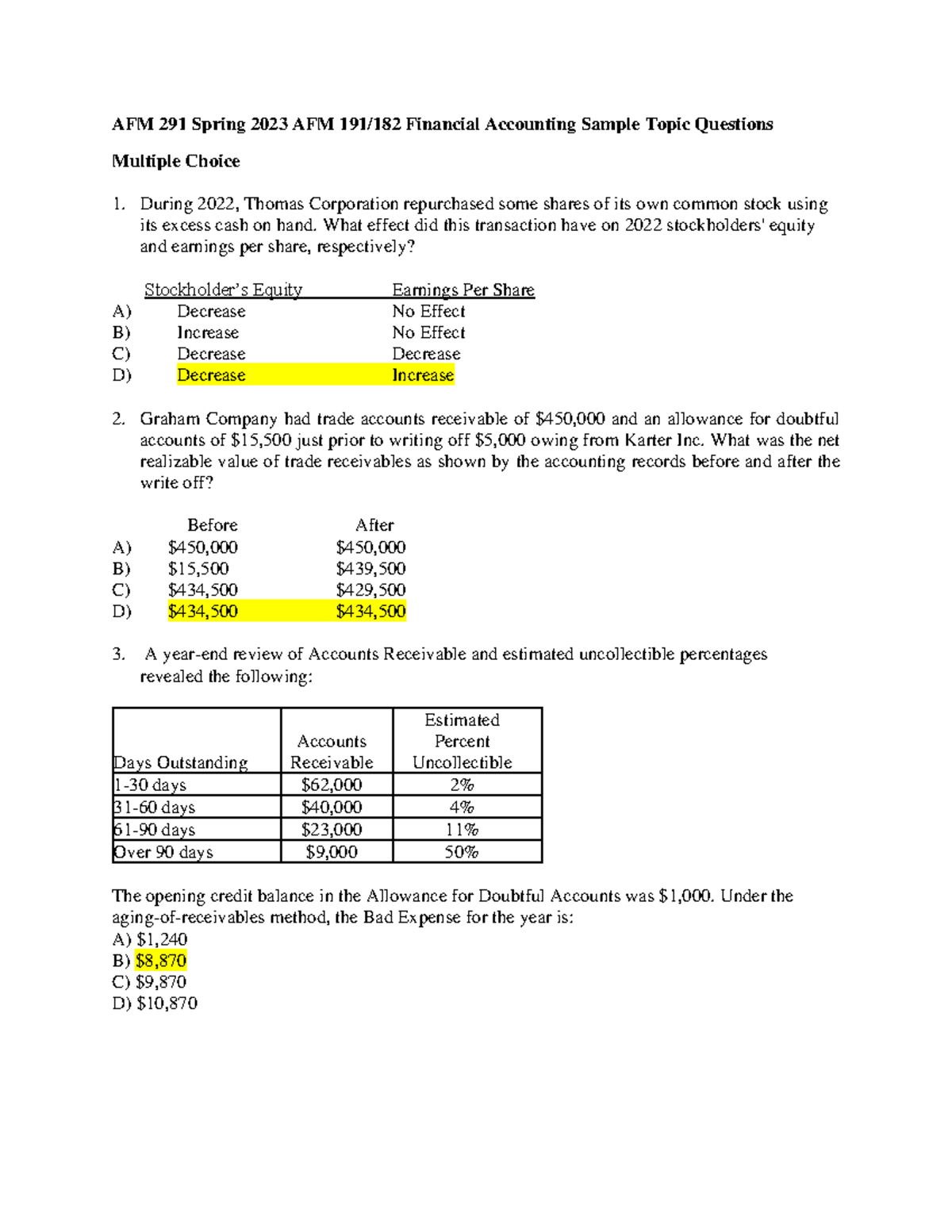 AFM 291 S23 AFM 191 182 Sample Topic Questions - Sample Solution - AFM ...