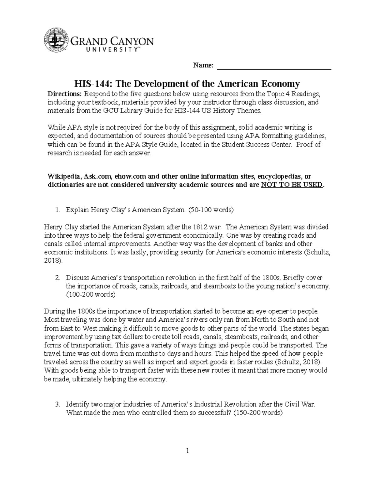 HIS-144-RS-Development of the American Economy Worksheet - Name: HIS ...