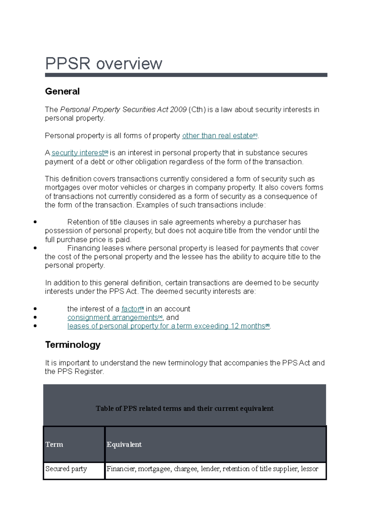 PPSR overview - Lecture notes 5 - PPSR overview General The Personal ...