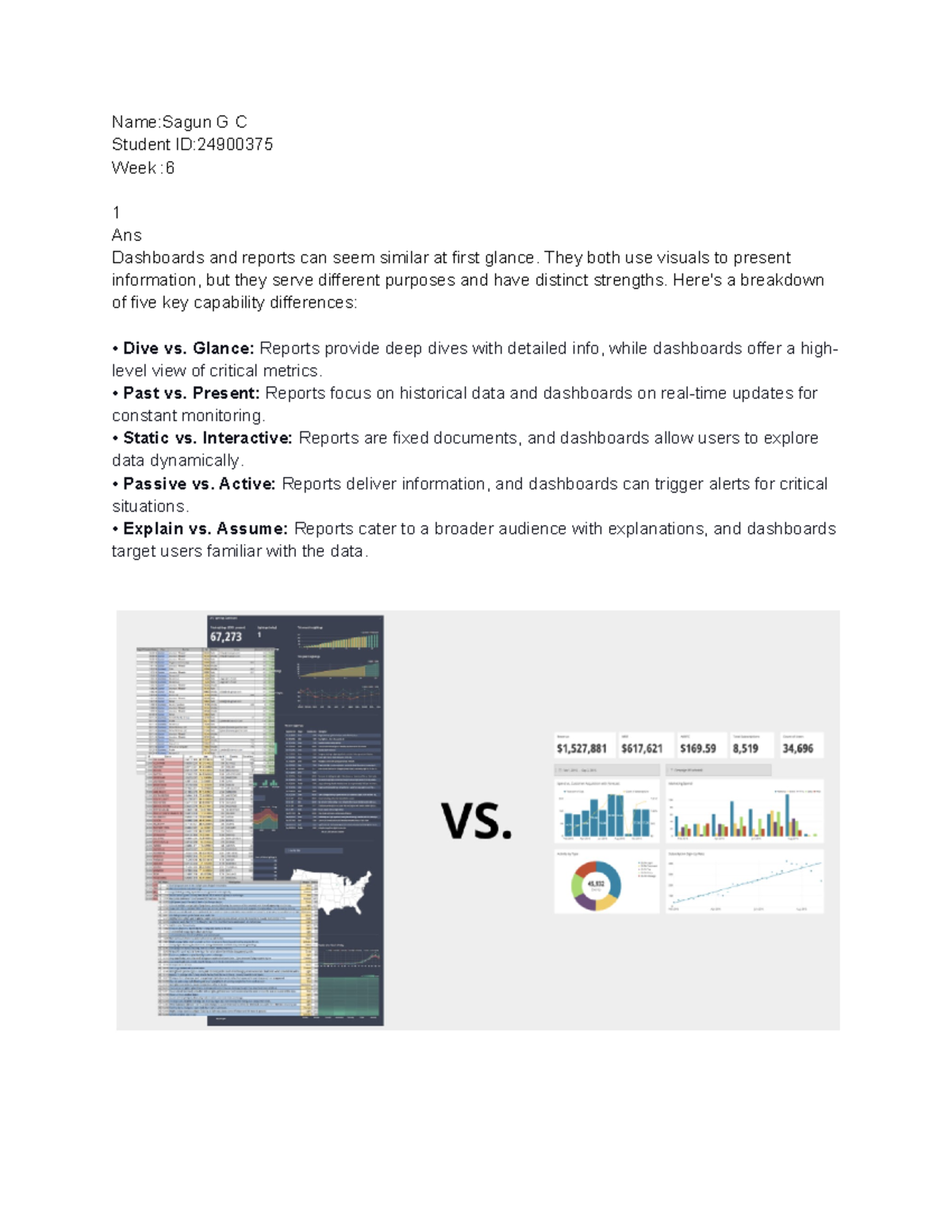 BI-week 6-tutorial - answers of week 6 - Name:Sagun G C Student ID: Week : 1 Ans Dashboards and ...