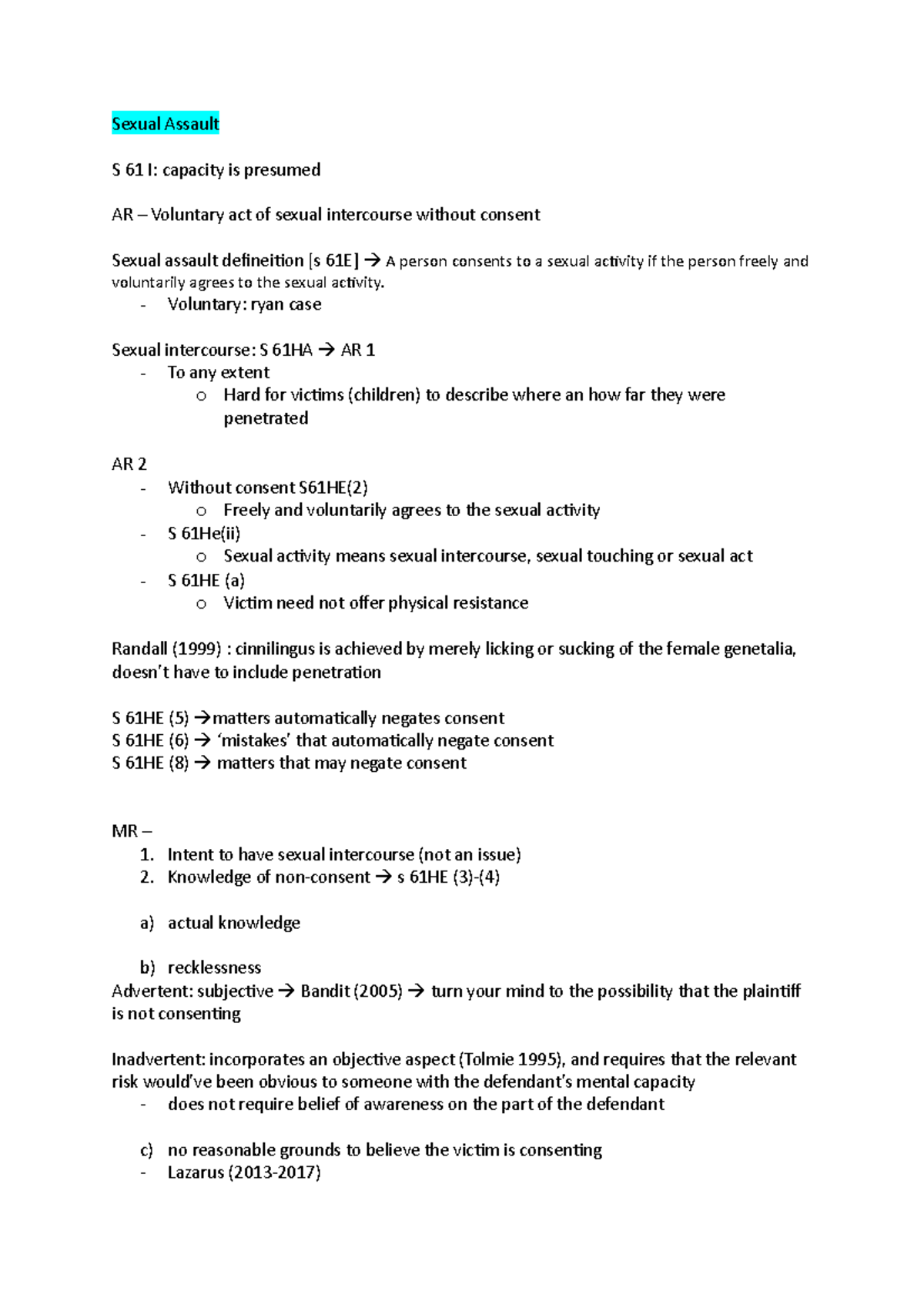 Sexual Assault part notes - Sexual Assault S 61 I: capacity is presumed ...