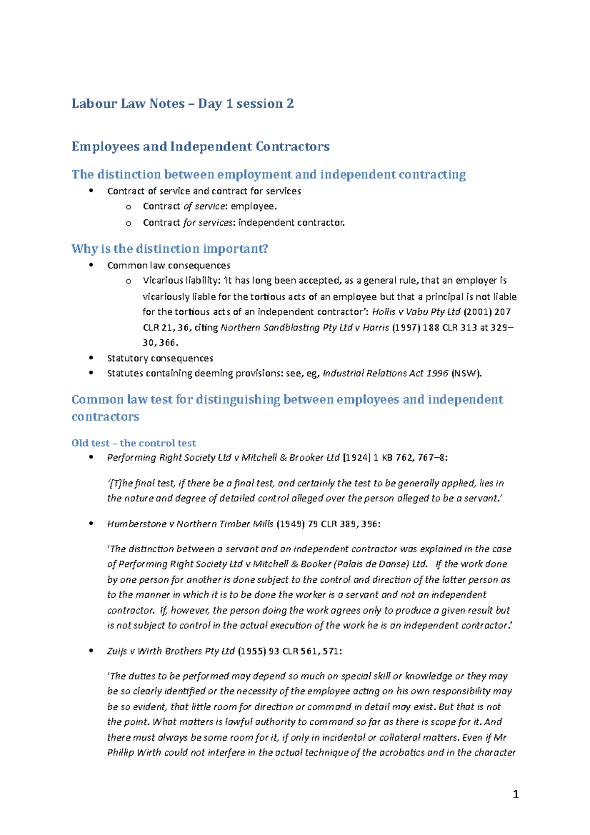 Day 1 Session 2 Notes - Labour Law Notes – Day 1 session 2 Employees ...