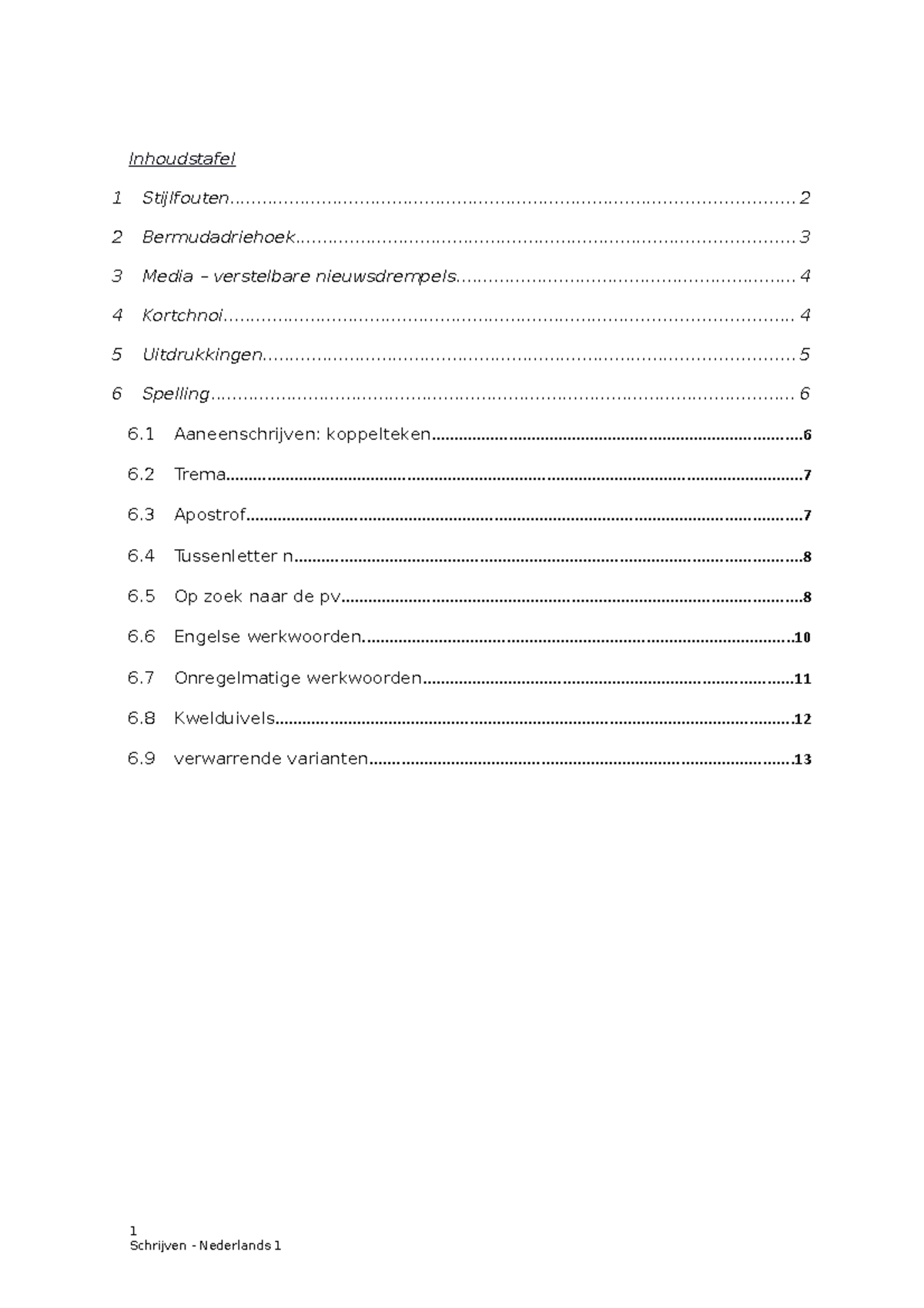 Schrijven Nederlands 1 - Inhoudstafel 1 - Studocu