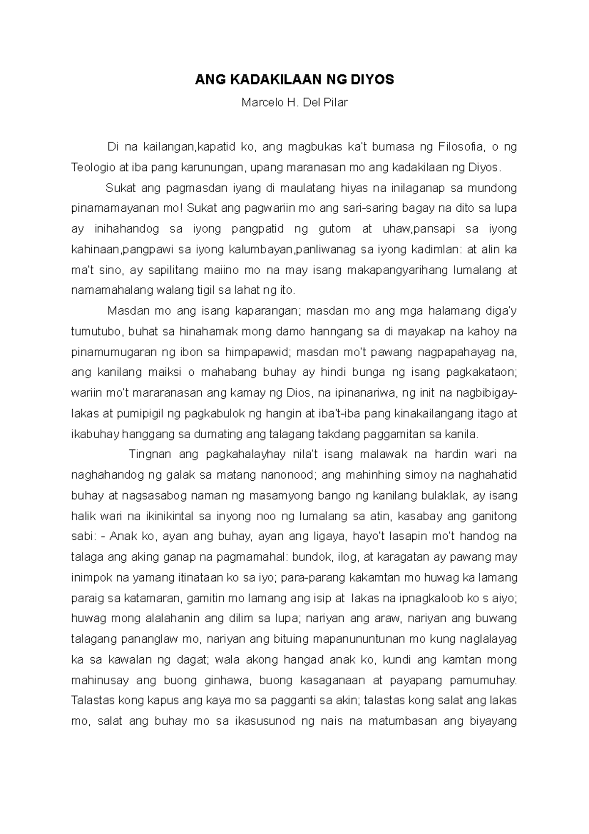 ANG Kadakilaan NG Diyos - ANG KADAKILAAN NG DIYOS Marcelo H. Del Pilar ...