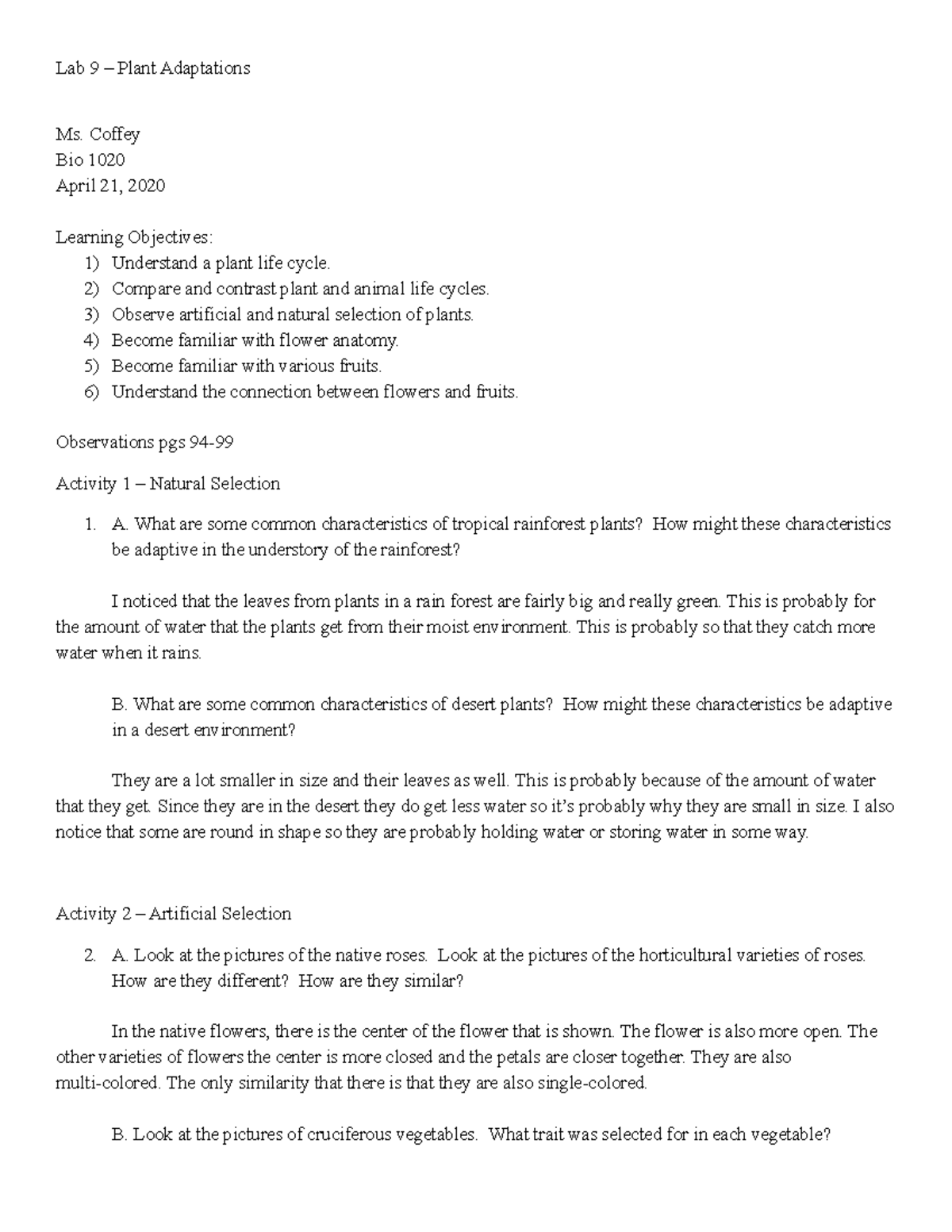 Biology 1020 Lab 9 - Questions - Lab 9 – Plant Adaptations Ms. Coffey ...