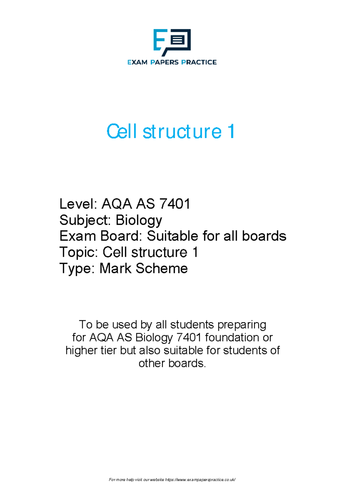 AS Cell structure 1 Mark Scheme - Advanced Cell Biology - Studocu