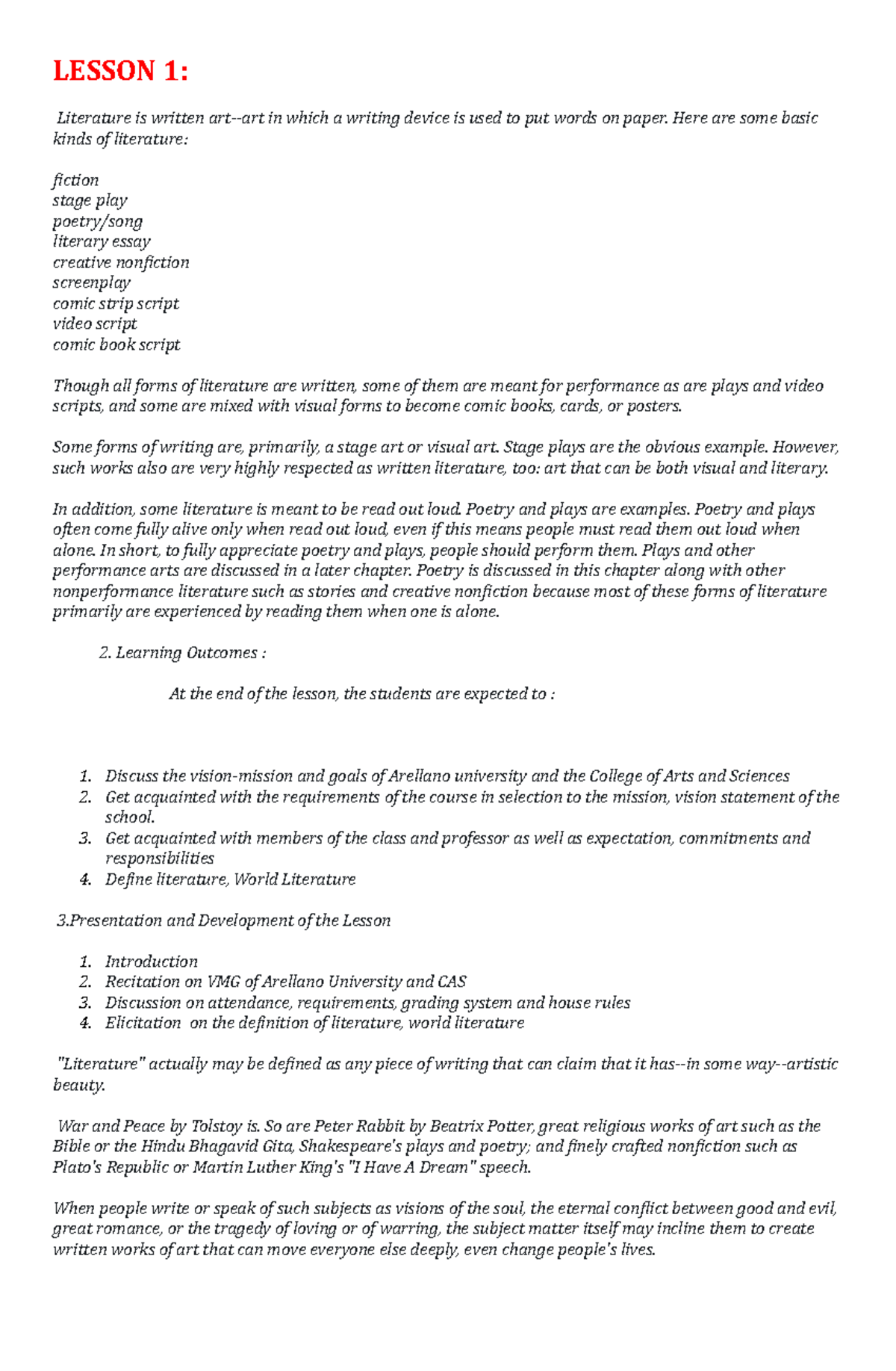 WORL LIT Lessons - LESSON 1: Literature is written art-art in which a ...