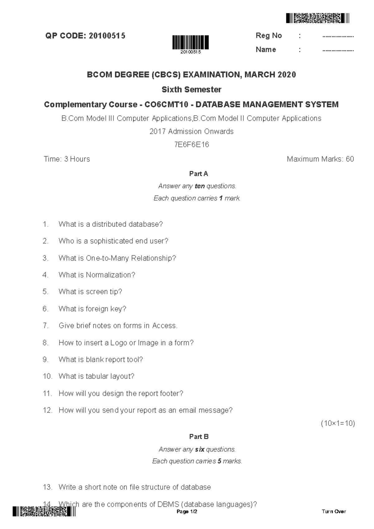 Database Management System - MAR 20 - QP CODE: 20100515 Reg No ...