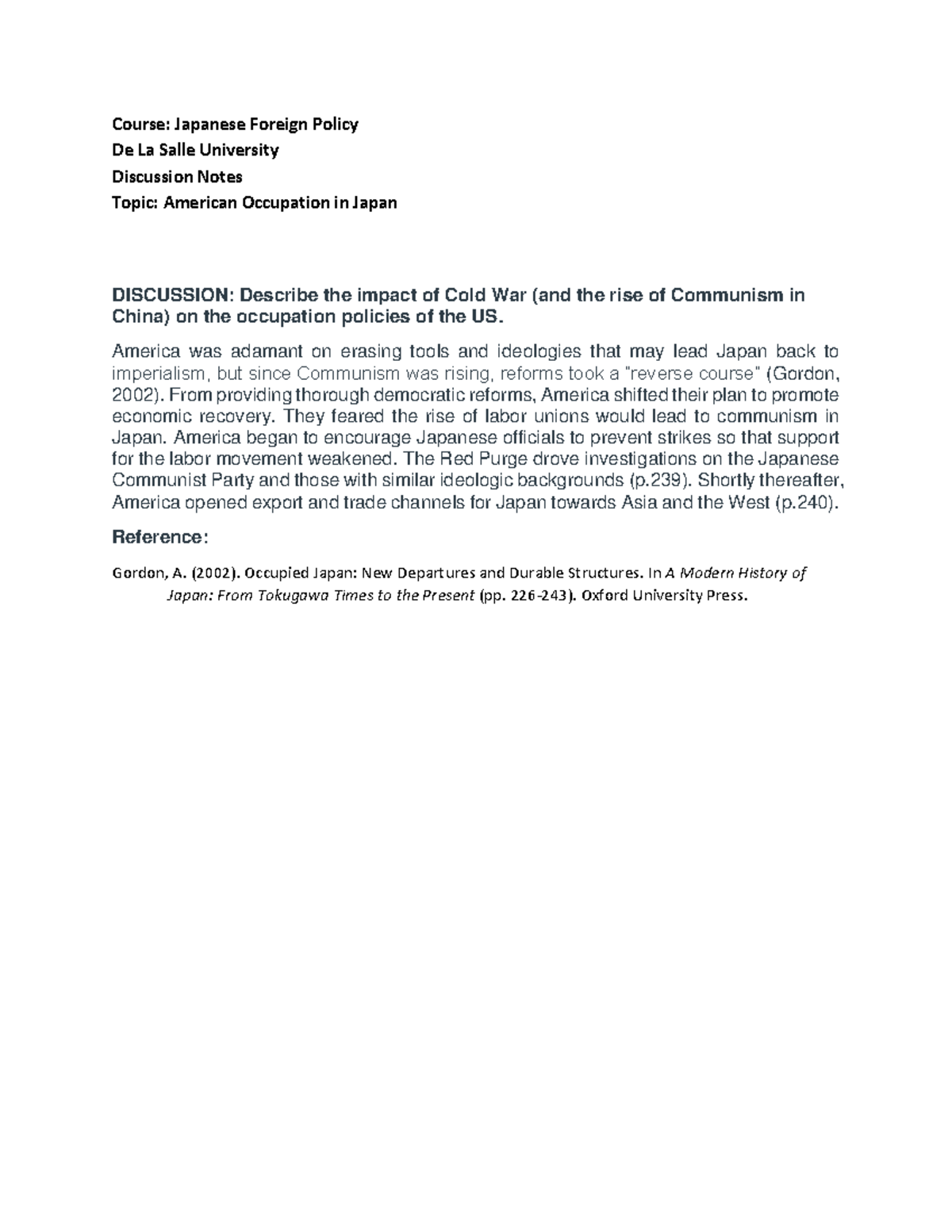 Japanese Studies Discussion Notes American Occupation in Japan - Course ...