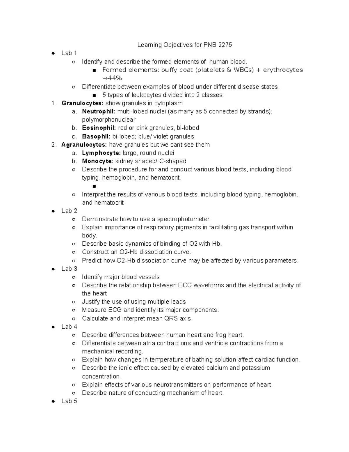 Lab Practical study guide - Learning Objectives for PNB 2275 Lab 1 ...