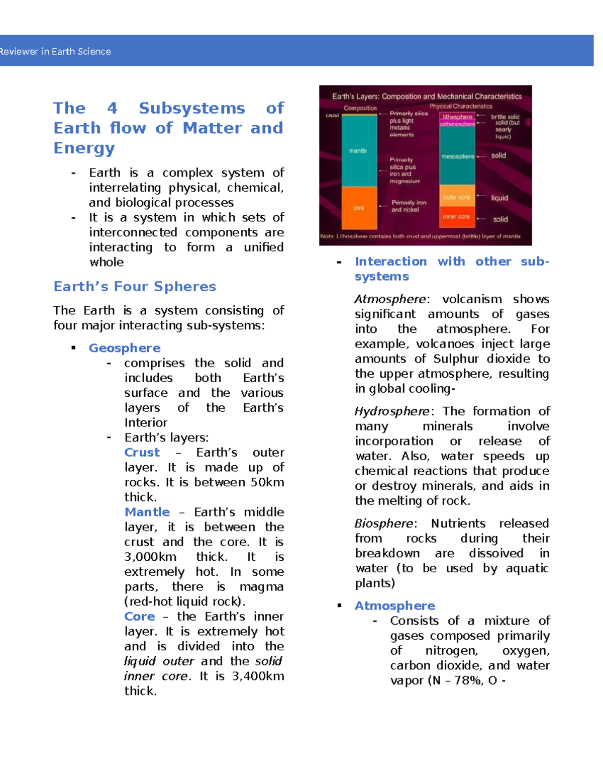 Earth Science Quarter 1 Reviewer - Joyce Fraulein T. Lejos The 4 ...